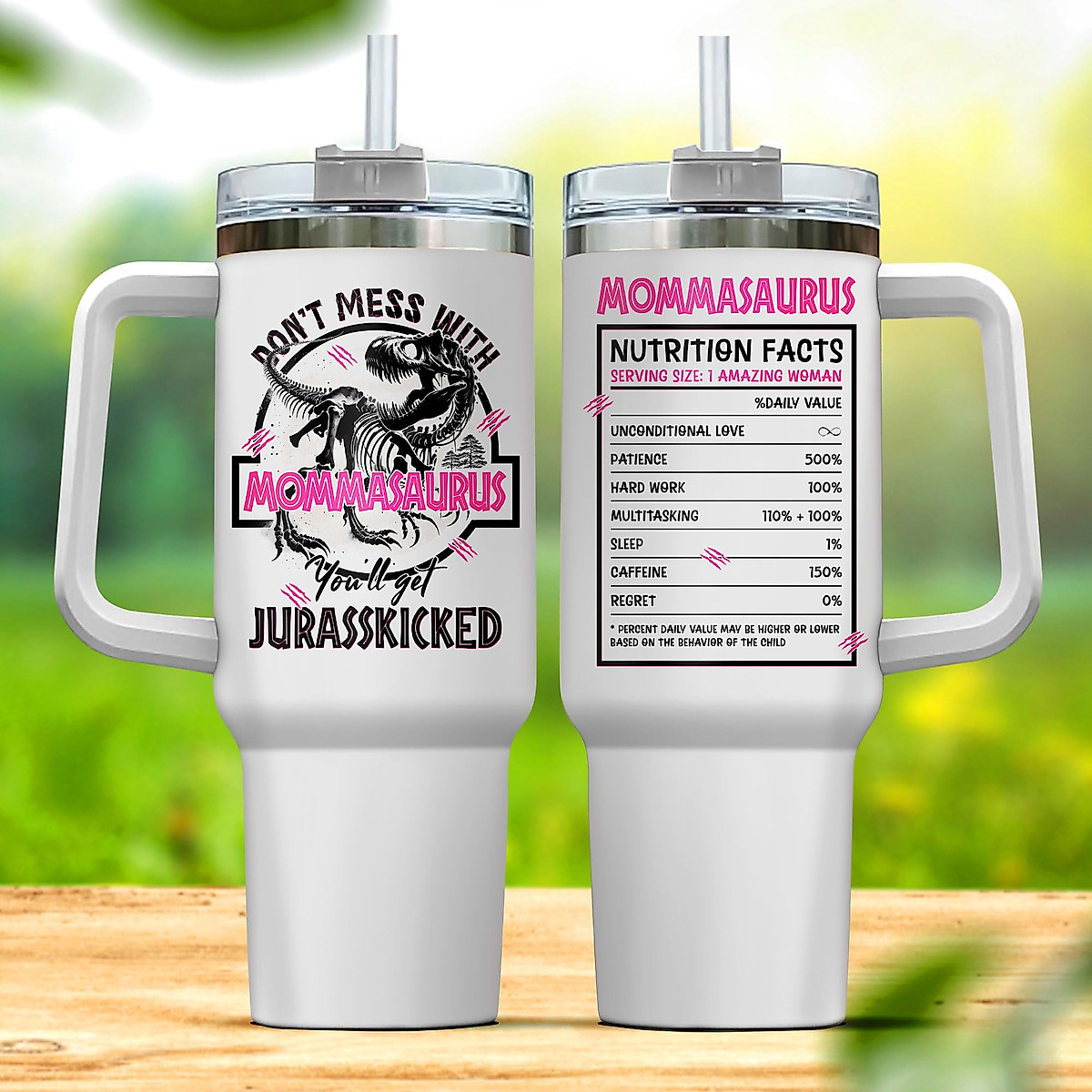 9GIFT4YOU Mommasaurus Gifts, Mom, Tumbler 40 Oz With Handle Lid And Straw, Mom Nutrition Facts Keep Drinks Cold Hot Dinosaur Leak Resistant Water Bottle, Mommasaurus Nutrition Facts