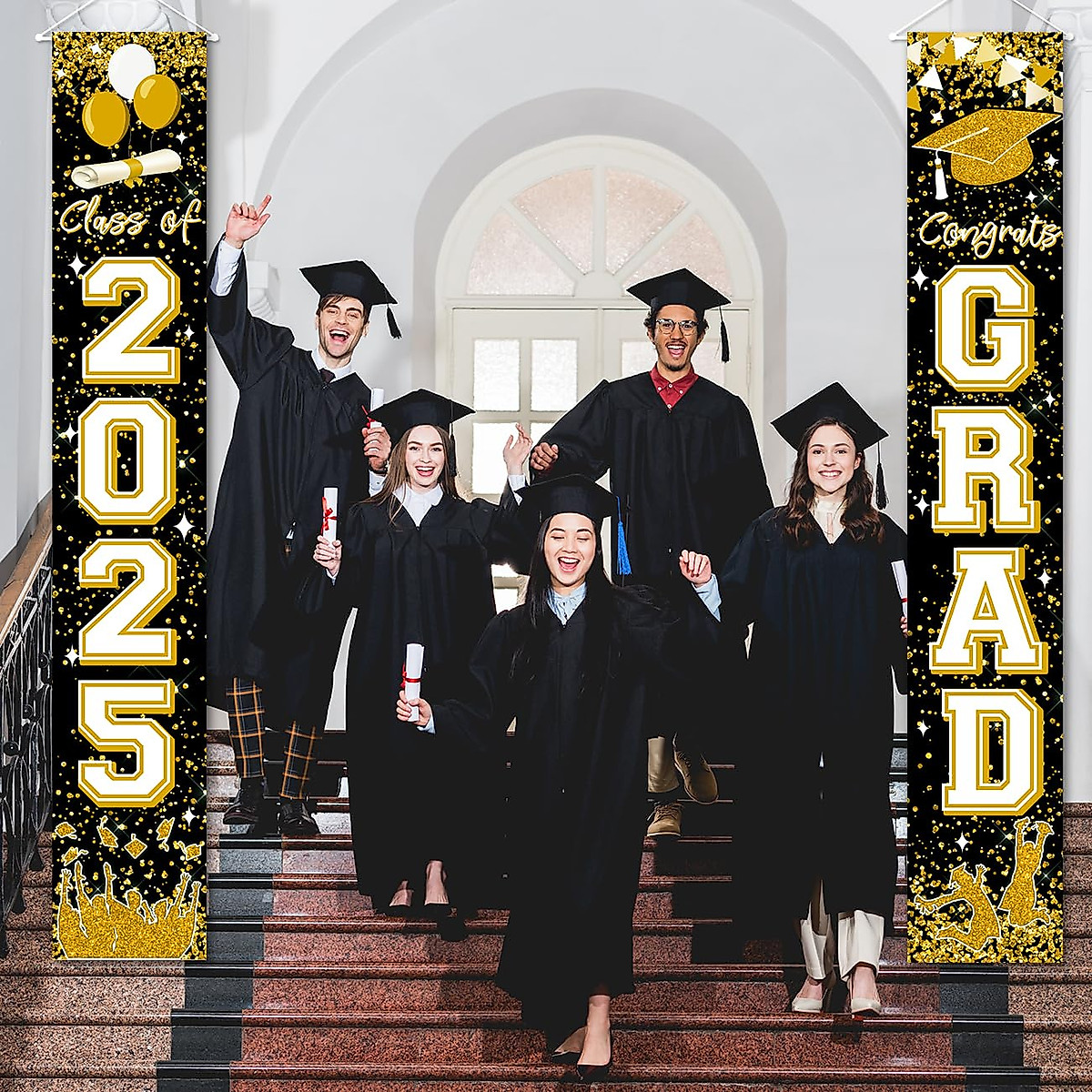 Class of 2023 Graduation Party Decorations Black and Gold Congrats GRAD Porch Sign Banner for High School and College Graduation Party Decoration(Gold)