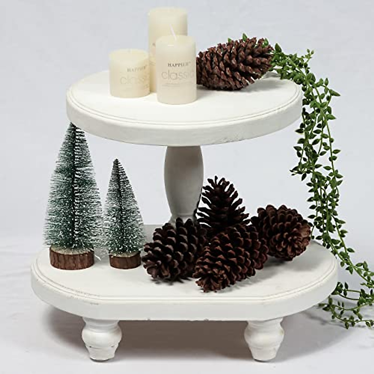 Farmhouse Two Tiered Stand, Round Rustic Wood Two Tiered Tray, Wooden Cake Stand Kitchen Tiered Tray, Decor Serving Tray for Coffee Bar, Kitchen Counter, Dining Room Table (White)