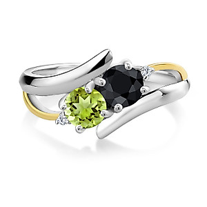 Gem Stone King 1.26 Ct Round Black Sapphire Green Peridot 925 Silver and 10K Yellow Gold Lab Grown Diamond 2 Stone Crossover Ring (Size 5)