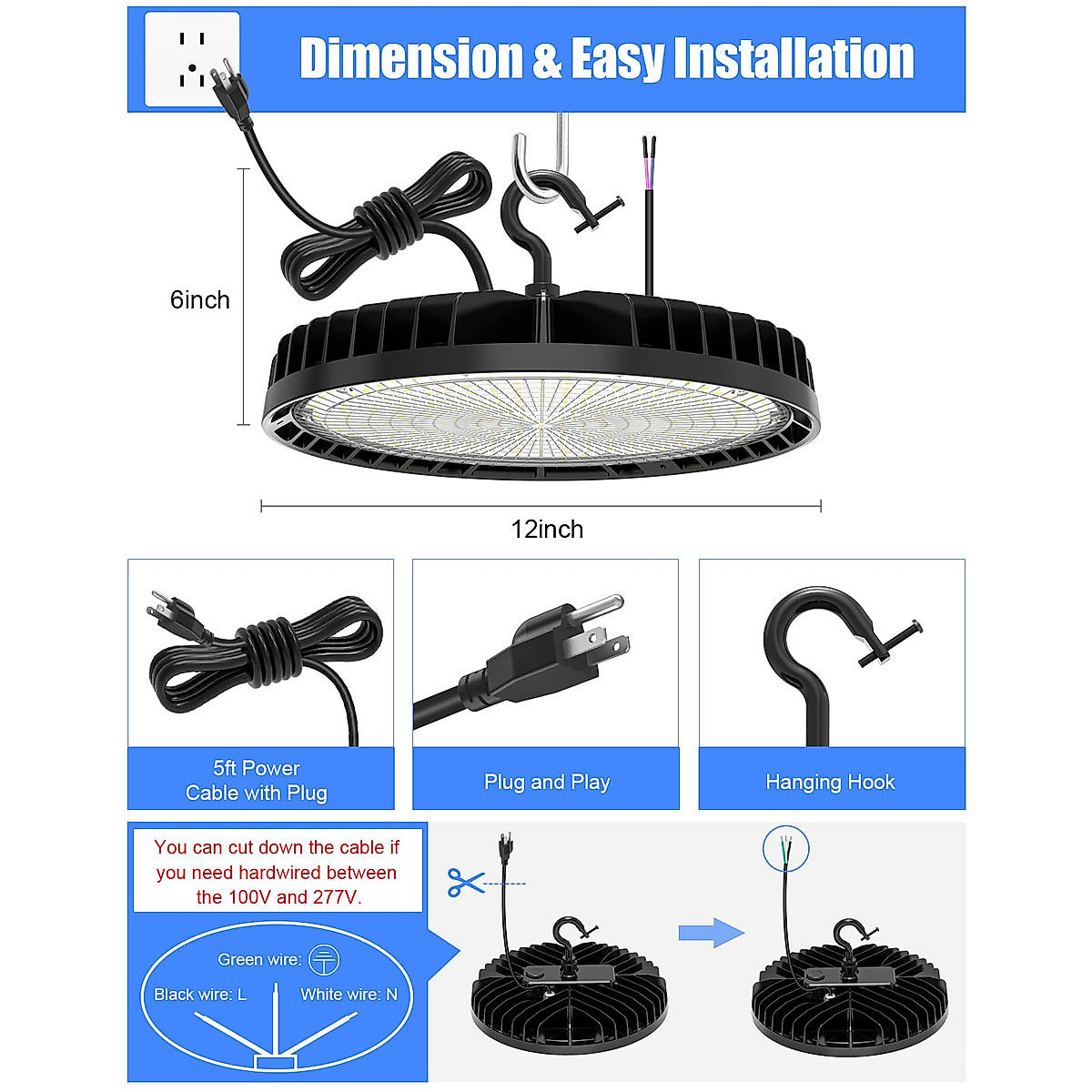 KUKUPPO 2 Pack 240W LED High Bay Light UL&DLC Listed, 36,000lm 240W/190W/140W, 3000K/4000K/5000K Adjustable LED UFO High Bay Shop Light Warehouse Light, 0-10V Dimmable, AC100-277V with Plug, Black