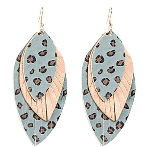 Boho Layered Leather Leaf Earrings for Women Girls Vintage Leopard Print Long Big Summer Statement Drop Dangle Hook Stud Lightweight Vintage Bohemian Beachy Jewelry (Blue)