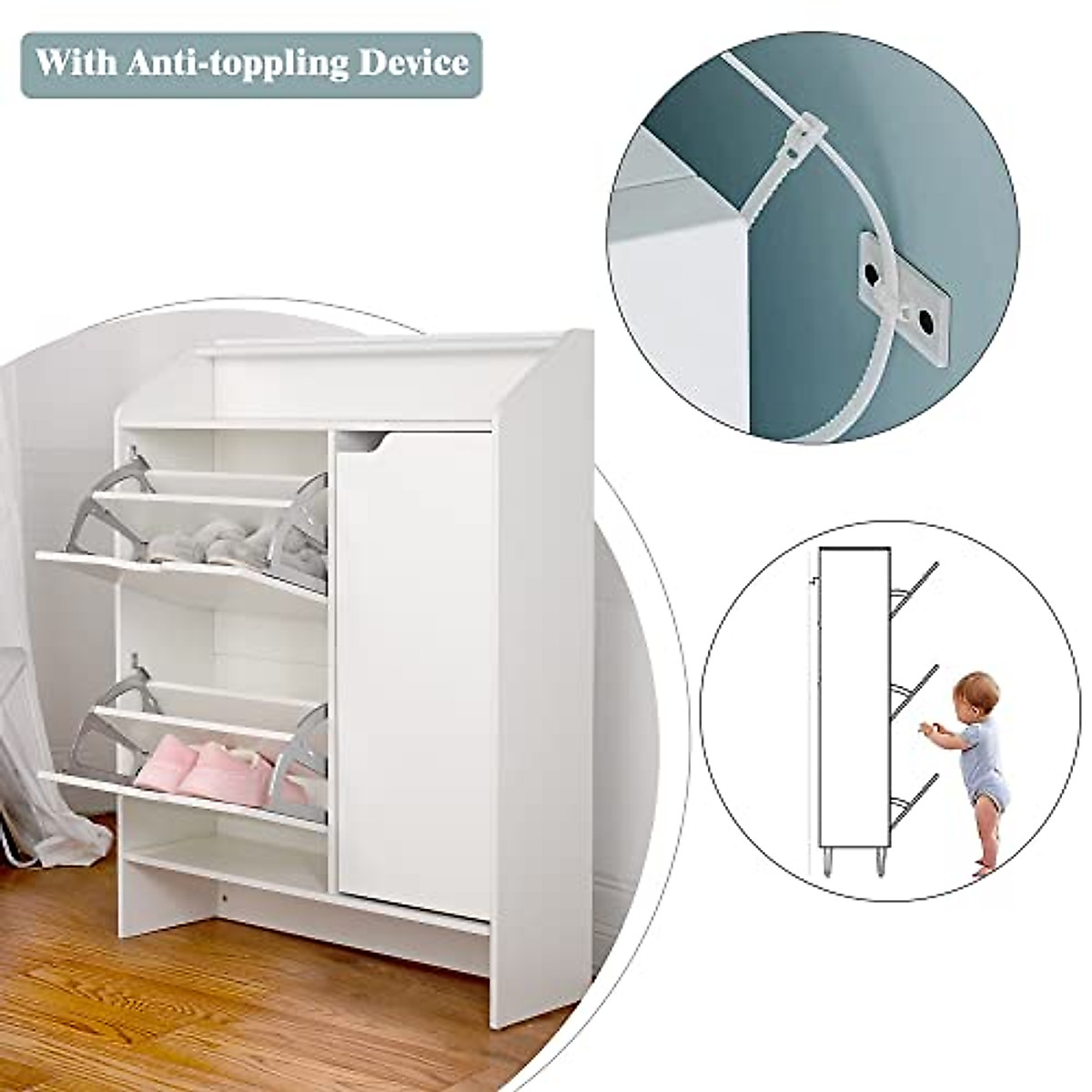MYOYAY Shoe Storage Cabinets with Top Place Space and 2 Flip Drawers, White Modern Shoe Rack Parent-Child Upholstered Tipping Bucket Shoes Cabinet for Entryway Hallway Bedroom Corridor