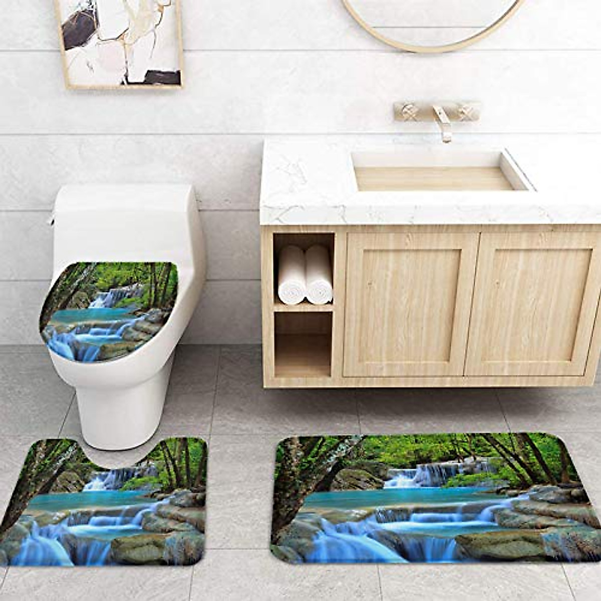 Prime Leader 4 Pcs Shower Curtain Set with 12 Hooks, Mountain Waterfall Tree Landscape Bathroom Decor Sets with Non-Slip Bath Mat Toilet Lid Cover, Durable Waterproof Shower Curtain and Rugs Set