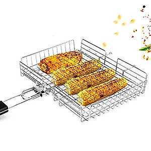 JAHH Non-Stick Rectangle Grilling Basket Folding BBQ Grill Vegetable Basket Set Black Wood Handle BBQ Meat Barbecue Accessories Tool