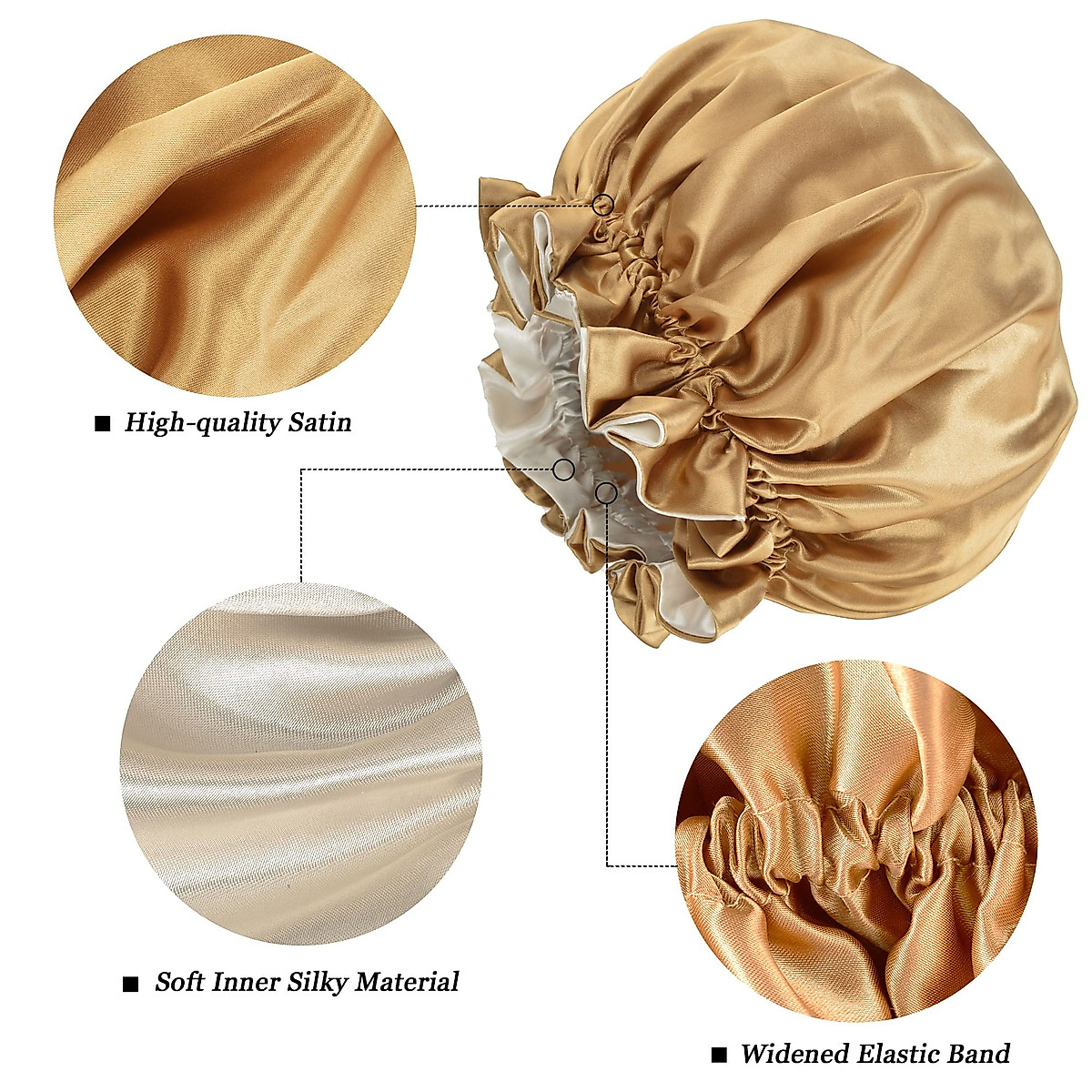 COOLCHI 2 Pieces Satin Bonnet Cap Elastic Double-Layer Silk Sleeping Head Cover for Women Adjustable Lined Hair Wrap for Long Curly Hair (Khaki+Purple)