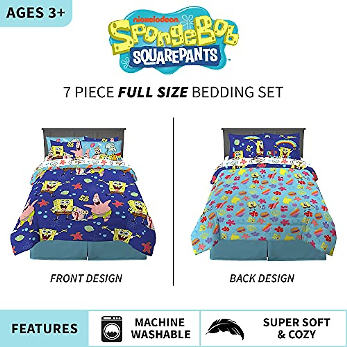 Franco Kids Bedding Super Soft Comforter and Sheet Set with Sham, 7 Piece Full Size, Spongebob Squarepants