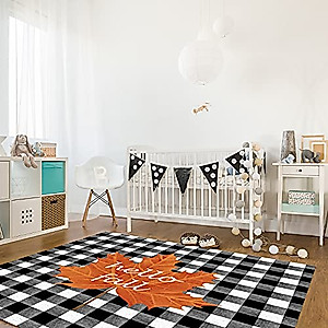 Area Rug for Bedroom Living Room Decor,Thanksgiving Fall Maple Leaves Ultra Soft Non-Slip Accent Rugs Indoor Large Floor Carpet White and Black Buffalo Plaid Non-Shedding Nursery Floor Mat,60x82in