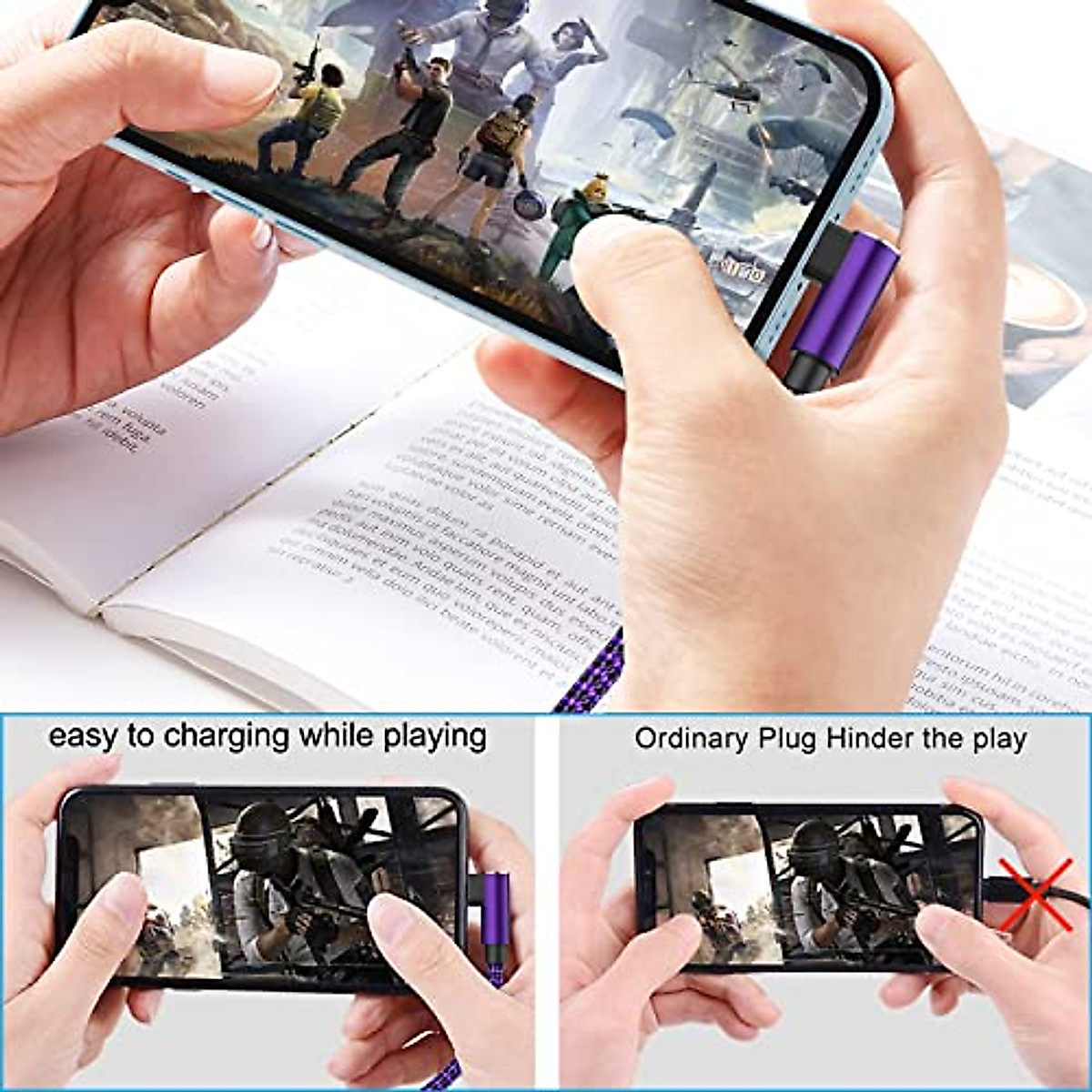 iPhone Charger 10ft [Apple MFi Certified] 3 Pack 90 Degree Right Angle Lightning Cable Compatible with iPhone 13 12 11 Pro XS MAX/XR/X/8 8 Plus/7 7 Plus/6 6 Plus/iPad (Purple,10ft)