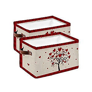 Valentines Love Heart Tree Storage Bins 2 Pack, Large Waterproof Storage Baskets for Shelves Closet, Red Black Checkered Vintage Storage Basket Foldable Storage Box Cube Storage Organizer with Handles