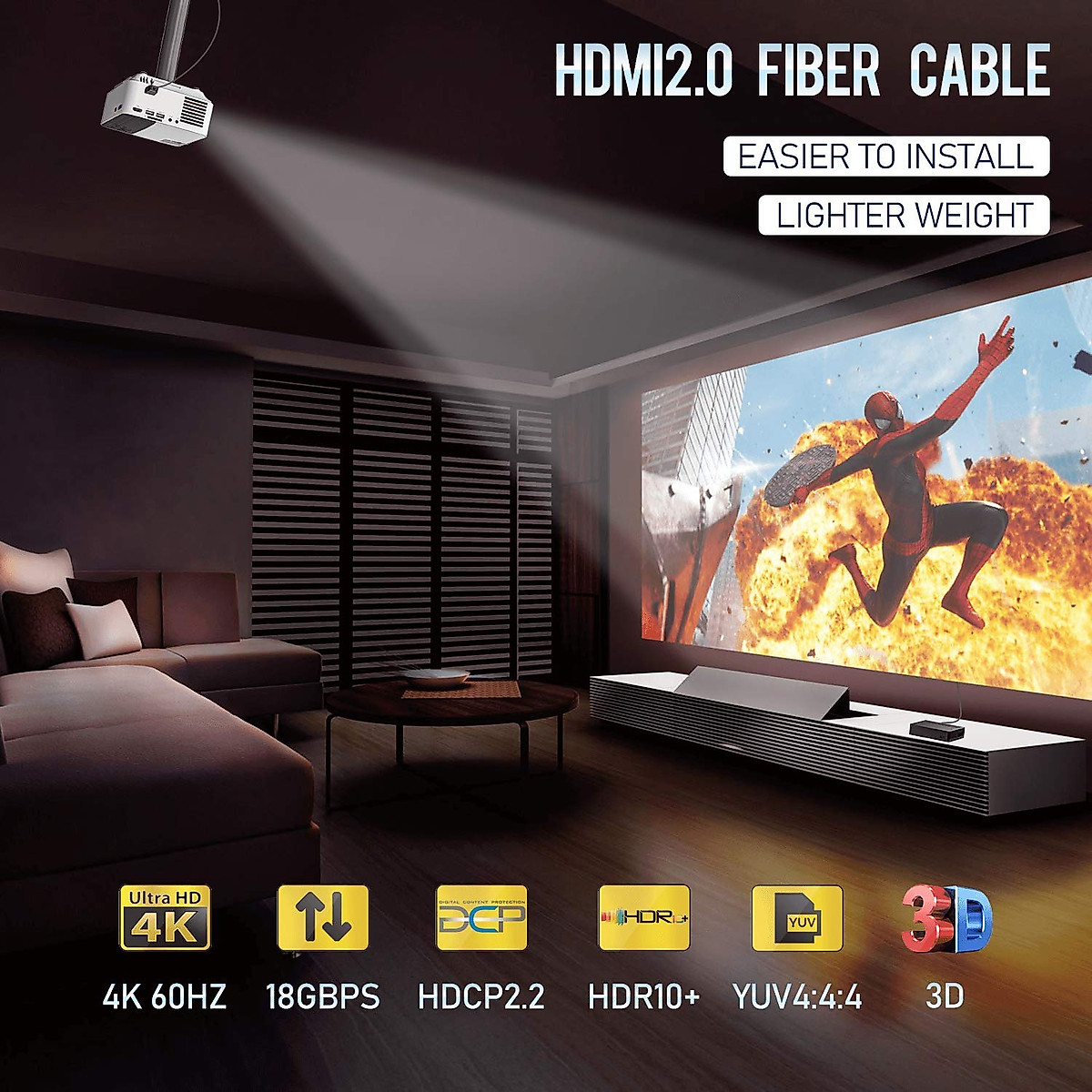 RUIPRO 4K HDMI Ultra Thin Fiber Optic Cable 50ft 4K60Hz HDMI2.0b High Speed 18Gbps HDMI Cord Support HDR10 HDCP2.2/2.3 Slim and Flexible 15m