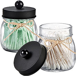6 Pack Apothecary Jars Set,Mason Jar Decor Bathroom Vanity Storage Organizer Canister,Glass Qtip Holder Dispenser for Qtips,Cotton Swabs,Ball,bathoom accessories - Stainless Steel Lid (Black)