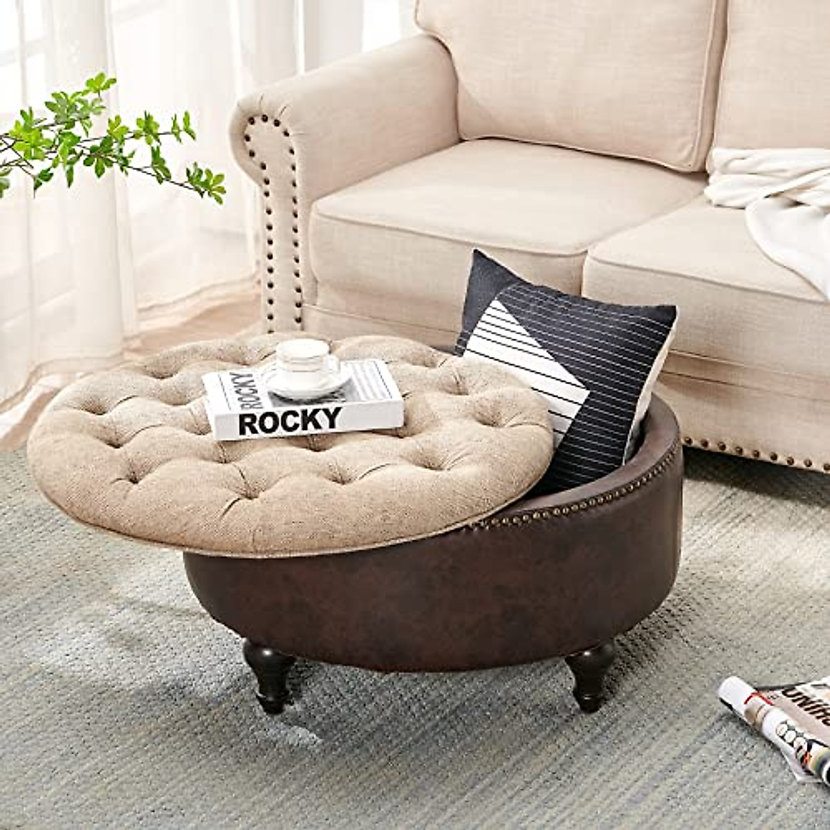 Nathaniel Home Upholstered 30" Round Storage Vegan Leather Ottoman, Leather Button Tufted Ottoman with Fabric Removable Lid, Bench with Wood Legs, Light Brown/Dark Brown