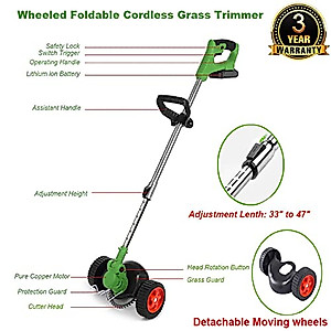 Cordless Weed Eater Battery Powered Weed Wacker 21V Electric Grass Trimmer Edger Lawn Tool, 2Pcs 2.0Ah Battery Operated Weed Trimmer Brush Cutter, Lightweight Wheeled No String Trimmer for Garden&Yard