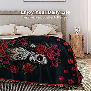 Day of The Dead Sugar Skull Blanket Rose Flowers Throw Fleece Blankets Rug Soft for Gift Bed Sofa 60"X50" Lightweight Flannel Blanket Bedding