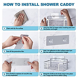 BOARWILY Adhesive Shower Caddy Shelf Organizer , Bathroom Shower Rack with Soap Dishes , 304 Stainless Steel Bathroom Shower Storage Organizer with 6 Hooks - 3 Pack , No Drilling