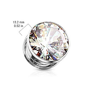 Pierced Owl Stainless Steel Bezel Set Clear Gem Screw Fit Plug Gauges, Sold As Pair (Silver Tone, 16mm (5/8"))