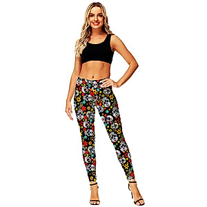 AOBUTE Women's Halloween Leggings Scary Skull Printed High Waist Yoga Pants Day of The Dead Tights L