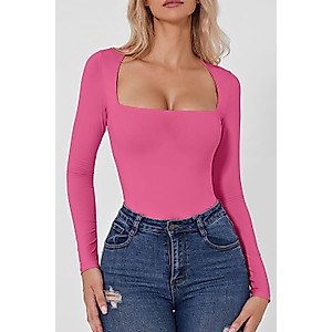 QINSEN Square Neck Shirt for Women Long Sleeve High Leg Thong Bodysuit Tops Magenta M