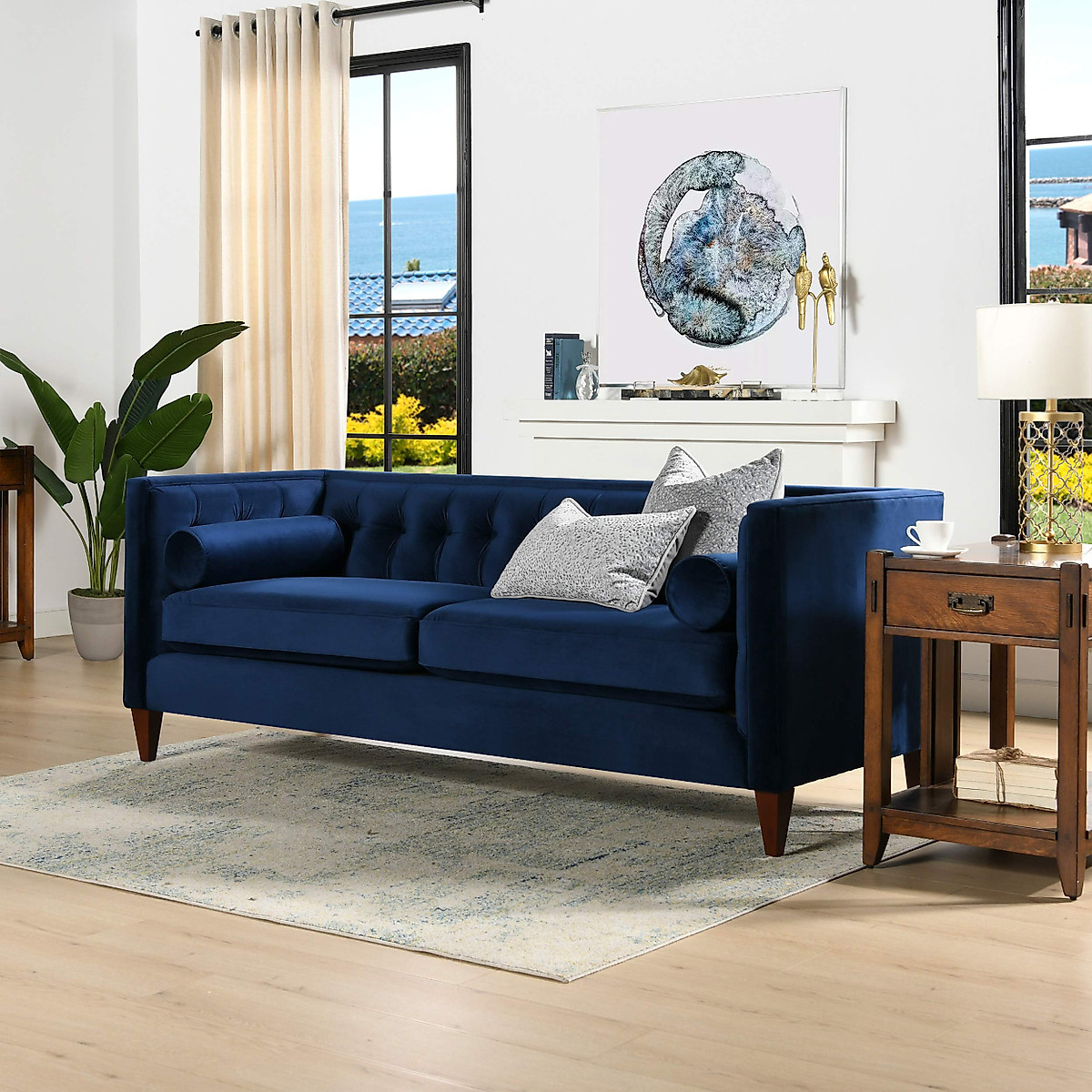 Jennifer Taylor Home Kinsley 84" Modern Tuxedo Tufted Sofa, Navy Blue Velvet