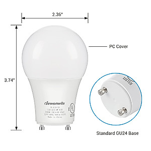 DEWENWILS GU24 LED Light Bulb, 60W Equivalent, Dimmable 2 Prong Light Bulbs, 5000K Daylight White, 9W 800 Lumens, A19 Shape Bulbs, GU24 Twist Lock Base, UL Listed, 4 Pack