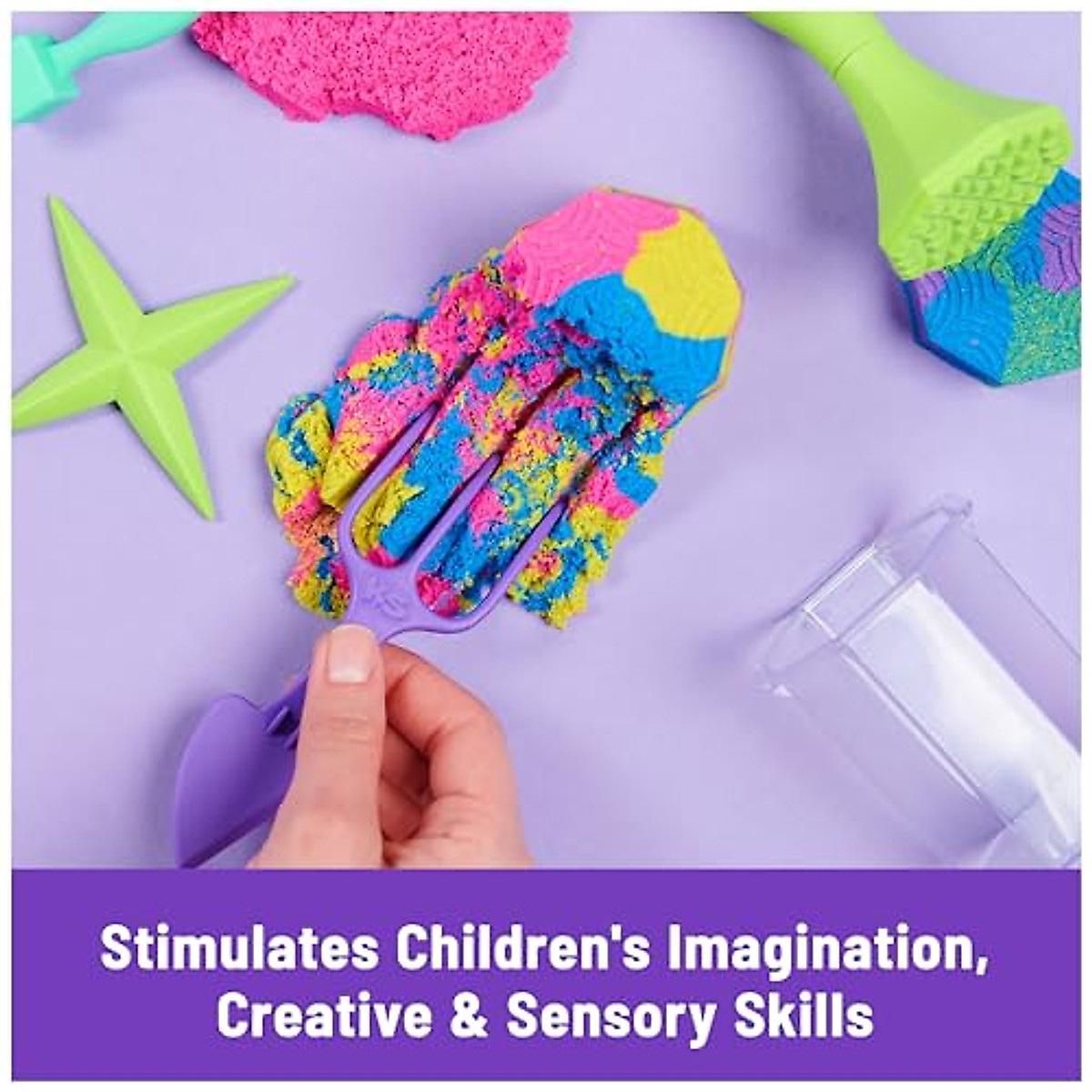 Kinetic Sand, Squish N’ Create Playset, with 13.5oz of Blue, Yellow, and Pink Play Sand, 5 Tools, Sensory Toys for Kids Ages 3 and Up