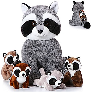 Harrycle 5 Pcs Raccoon Stuffed Animal Set 12.6'' Adorable Mommy Raccoon Plush with 4 Cute Baby Coons in Her Tummy Soft Cuddly Raccoon Plushie for Boys Girls Birthday Gifts Woodland Party Favors Decor