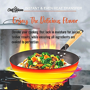 ChefSeason Carbon Steel Wok - 13.4" Flat Bottom Wok for Stir-Frying - Large Uncoated Pre-Seasoned Chinese Wok - fits Electric, Induction, and Gas Cooktops - Free Shopping Bag
