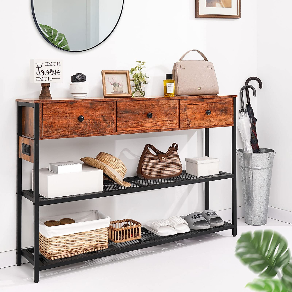 Yoobure Console Table with 3 Drawers, 47" Entryway Table with Storage Shelves, Narrow Long Sofa Table with Outlets & USB Ports, 3-Tier Entry Table, Couch Table for Living Room, Hallway, Foyer, Hall