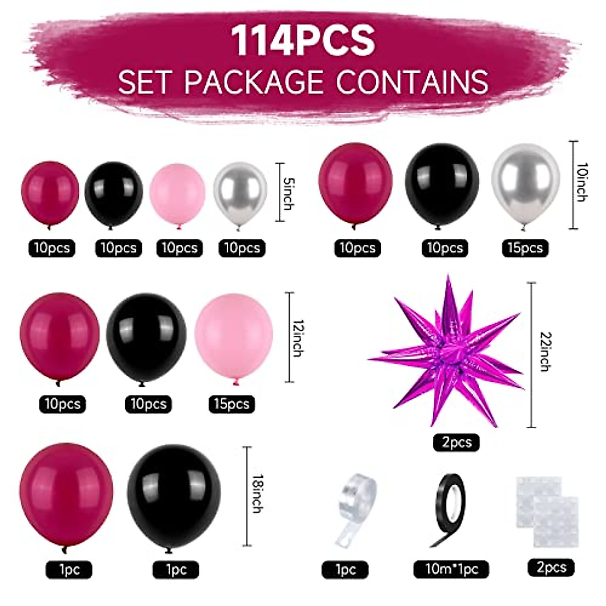 GREMAG Black Pink Balloon Arch Kit, 114Pcs Balloons Party Decorations, Black Pastel Silver Latex Balloons with Hot Pink Explosion Star, for Birthday Girls Theme Party Baby Shower Wedding
