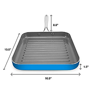 EaZy MealZ Square Non-Stick Grill Pan for Stove, Light weight, Perfect Grill Marks, Oven Safe up to 500 Degrees, Large, 10.5" Blue