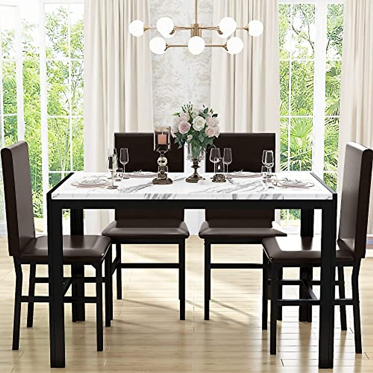 DKLGG Marble Dining Table Set for 4, 5-Piece Faux Marble Kitchen Table and Chairs for 4, Space Saving Dining Room Table Set w/4 Upholstered PU Leather Chairs, Ideal for Dining Room, Kitchen, Corner