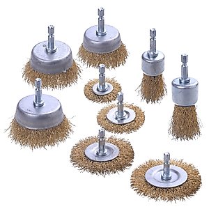 WENORA Brass Wire Brush for Drill Set 9 Pack, Brass Wire Wheel for Drill 1/4 Inch Hex Shank, Wire Cup Brush for Drill ,Coarse Brass Coated Crimped Wire Brush Drill Attachments