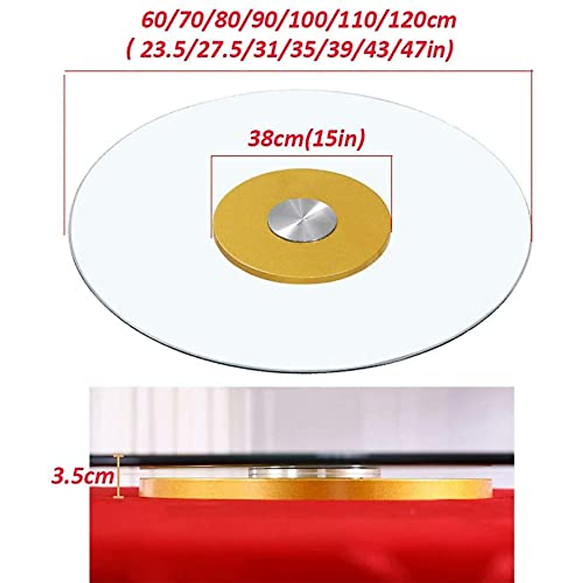 Lazy Susan turntable rotating tray, 10mm tempered glass plate and thicked aluminum alloy bearing, flexible rotation, Silent (Color : Gold, Size : 60cm/23.5in)