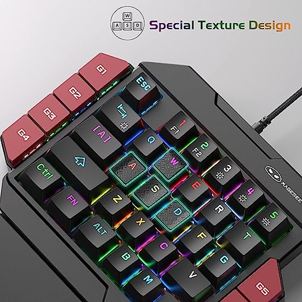 MageGee One Handed Professional Gaming Keyboard, RGB Backlit 35 Keys Mini Wired Mechanical Keyboard with Red Switch for PC Gamer, Support 6 Macro Keys - Black/Red