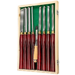 Mophorn Woodworking Lathe Chisel Set 8 Piece Set Lathe Chisel HSS Steel Blades Wood Turning Tools Wooden Case for Storage for Wood Carving Root Carving Furniture Carving Lathes Red