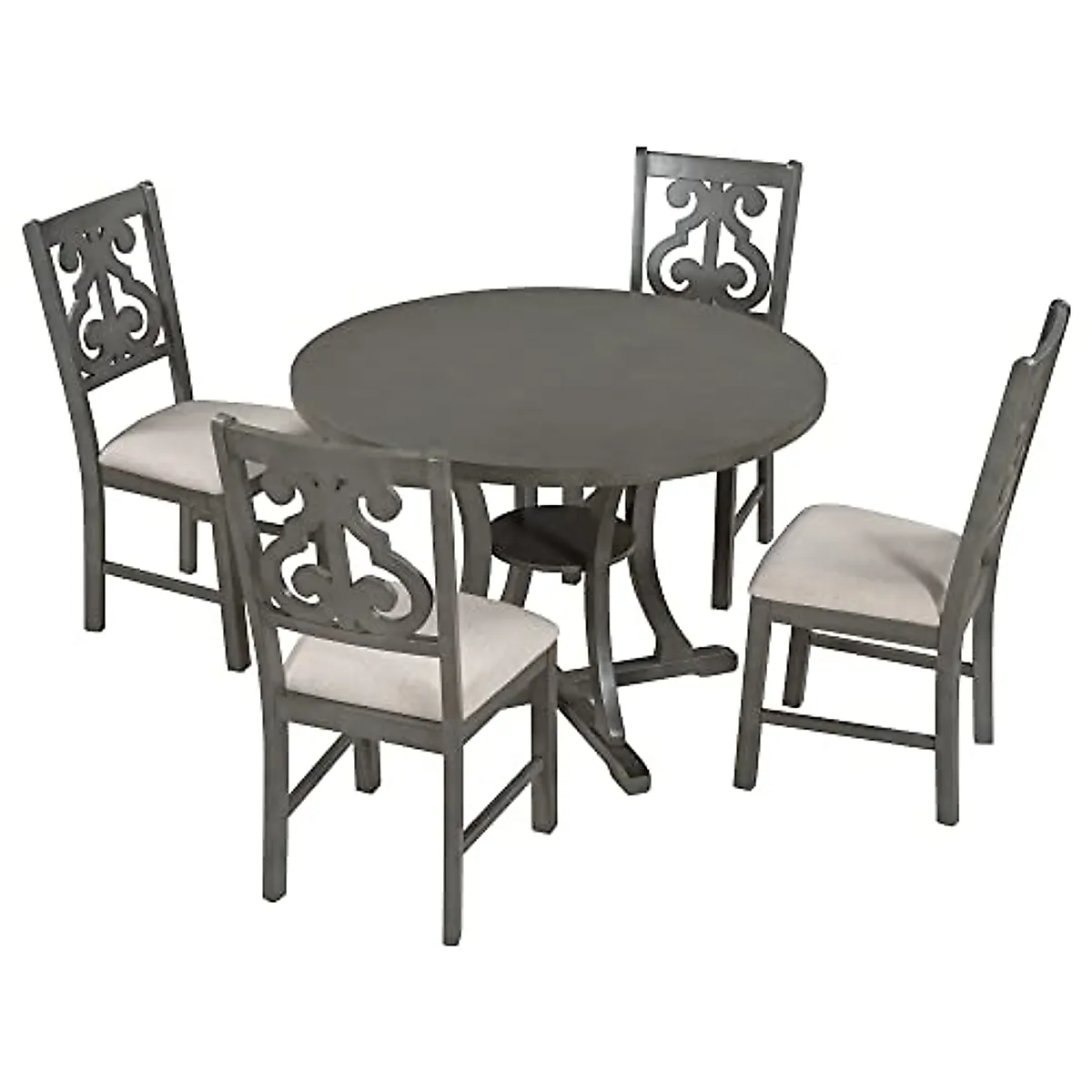 Goozio 5-Piece Round Dining Table and 4 Fabric Chairs with Special-Shaped Table Legs and Storage Shelf,Gray