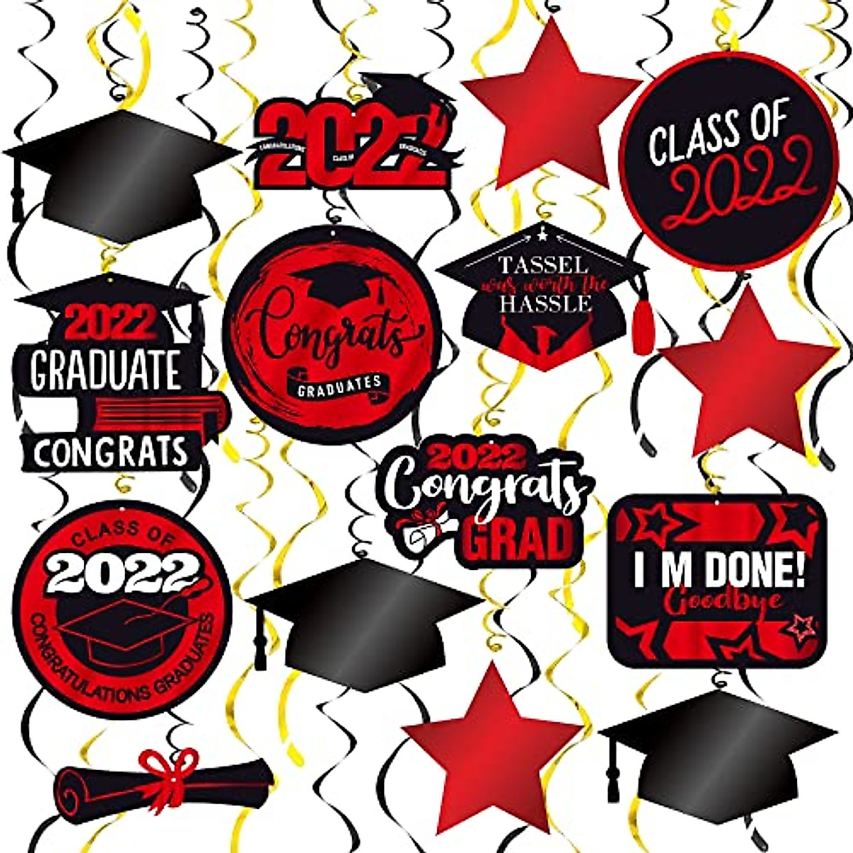 45 Pieces, Red Graduation Hanging Decorations - Large Cutout, No DIY | Graduation Swirls, Red and Black Graduation Decorations 2022, Graduation Hanging Swirls Decorations, Graduation Party Decorations
