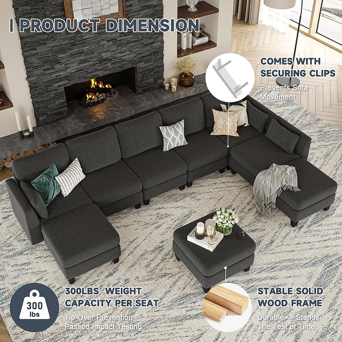 Huatean Home Modular Sectional Sofa, Convertible U Shaped Sofa Couch with High Density Memory Foam, 6 Seat Comfy Modular Sofa Couch for Living Room, Modern U Shaped Sectional Sofa, Dark Grey