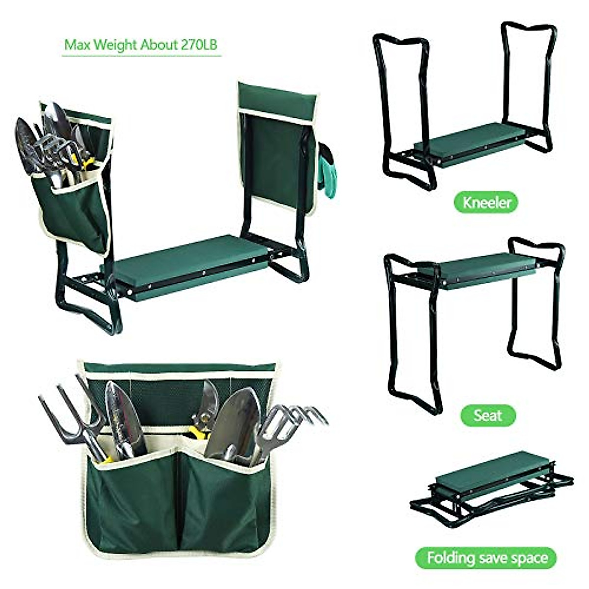 EAONE Garden Kneeler and Seat Foldable Garden Bench Stool with Soft Kneeling Pad, 6 Garden Tools, Tool Pouches and Gardening Glove for Men and Women Gardening Gifts, Protecting Your Knees & Hands