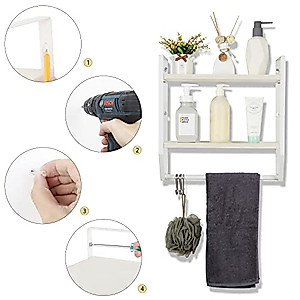 Bathroom Shelf with Towel Bar 2 Tier Wall Mounted Industrial Towel Rack with Shelf 5 Hooks for Bathroom Kitchen Living Room (White)