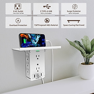Wall Socket Outlet Extender with Shelf, 3 USB Ports, 8 AC Outlet, Surge Protector 1020J, White
