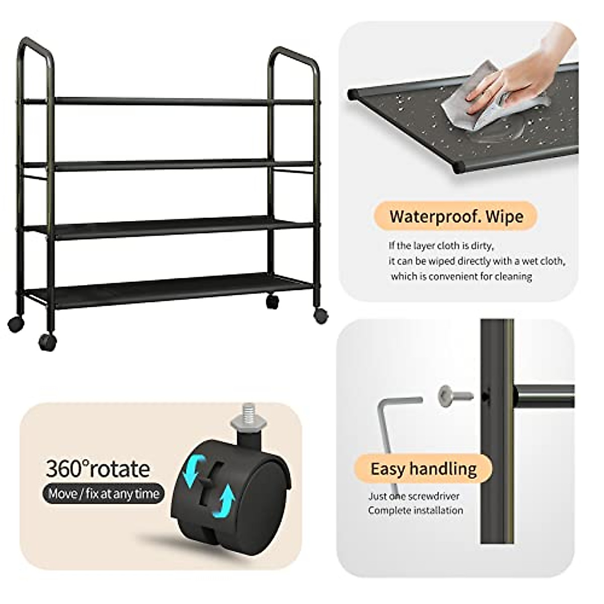 LEAIJIAFY Metal Shoe Rack Black with Wheels,4 Tier Sturdy Fabric Shelf Shoe Racks for Closet Entryway Garage, Rolling Small Shoe Rack Closet Organizer for Small Space,Wide Shoe Rack Stand,20 Pairs