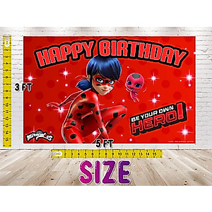 5x3 FT Miraculous Ladybug Backdrop V3 for Birthday Party Decorations. Cartoon Miraculous Ladybug Background for Theme Birthday.