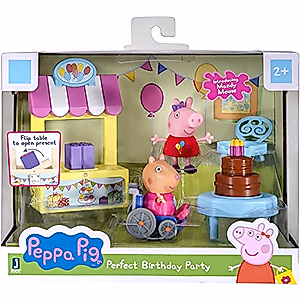 Peppa Pig Perfect Birthday Party Playset, 5 Piece - Includes Peppa and Mandy Mouse Character Figures, Birthday Surprise Stand, Chocolate Cake Table & Chair - Toy Gift for Kids - Ages 2+