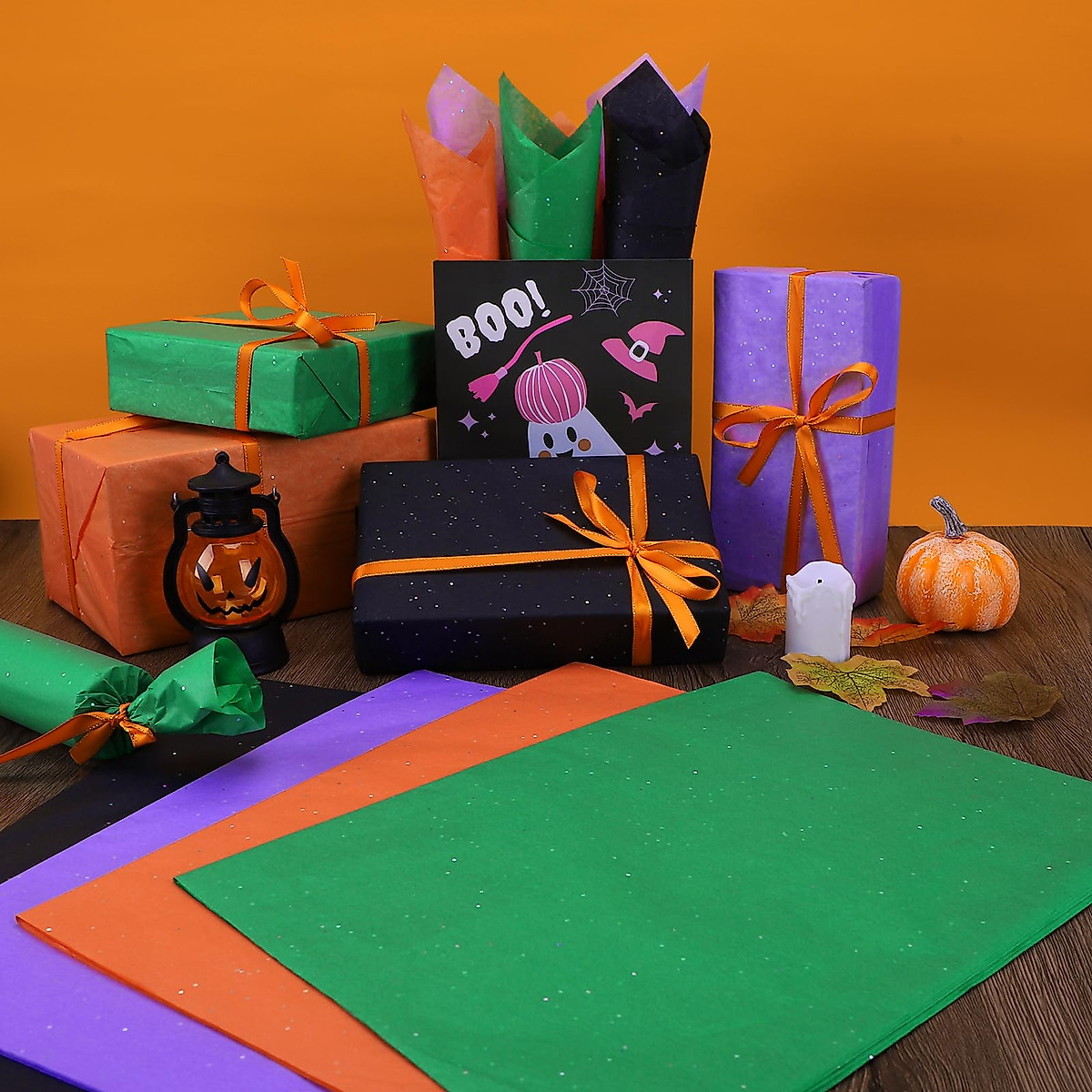 100 Sheets Halloween Sparkle Tissue Paper Bulk, Black Purple Orange Green Wrapping Paper with Glitter for Halloween DIY Crafts Halloween Party Decorations and Gift Wrapping, 14 x 20''