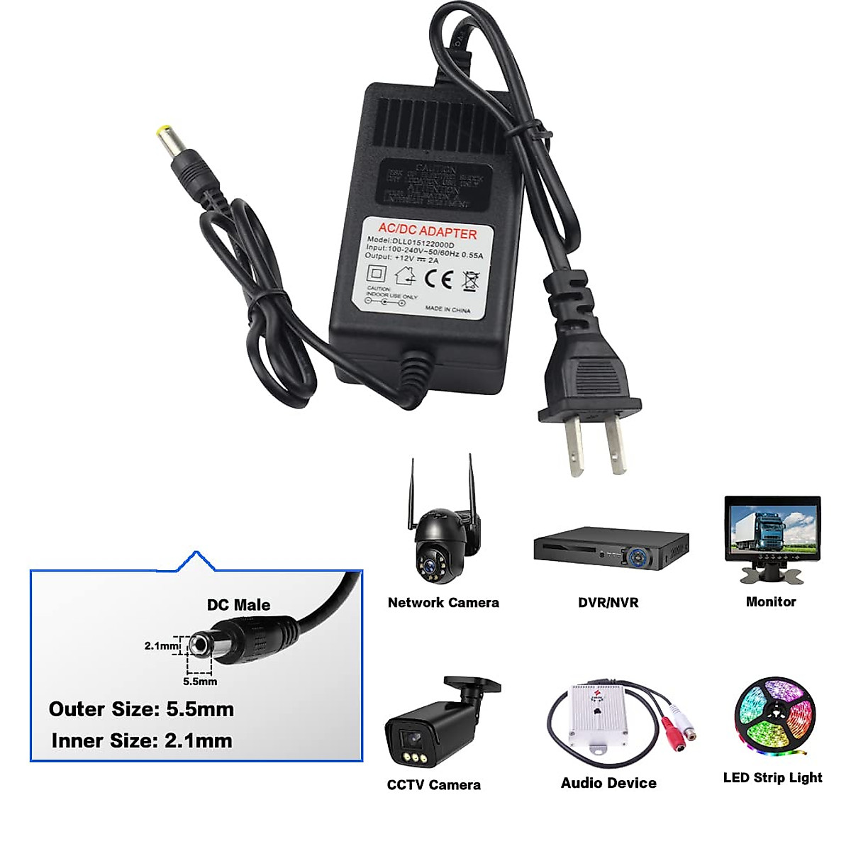 Vanxse Ac 100V-240V to Dc 12v 2000ma 2a CCTV Power Supply Adapter for Home Security Camera Surveillance System