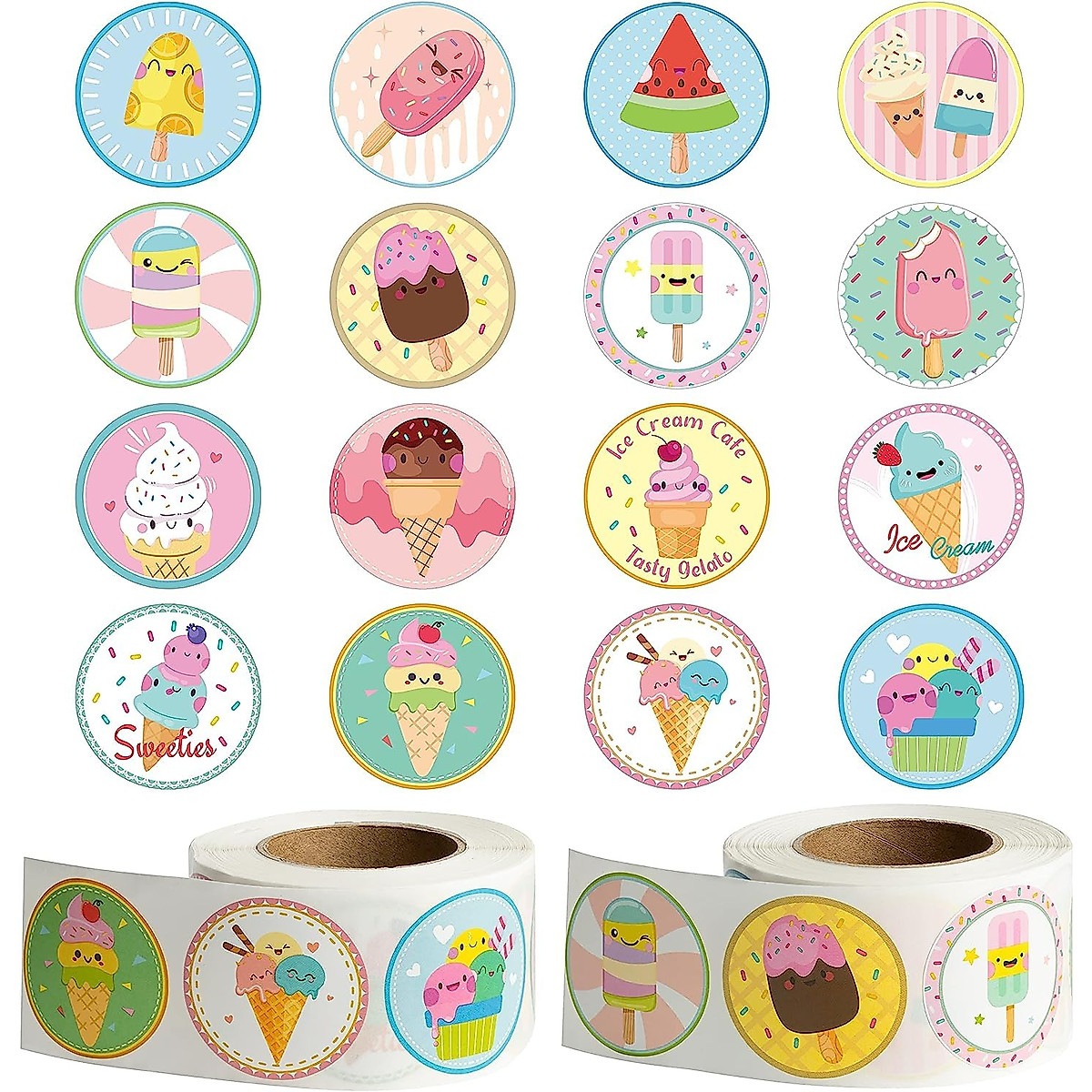 W1cwey 1000pcs Ice Cream Sticker Rolls(2 rolls), 1.5 Inch 16 Design Cartoon Summer Theme Ice Cream Sticker with Smile Face Cute Self-Adhesive Decals Decorative Stickers for Kids Rewards Party Supplies