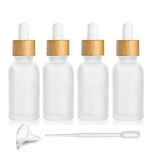 4 Pcs Bamboo Frosted Glass Eye Dropper Bottle,Empty Essential Oil Bottles With Pure Glass Pipettes,Bamboo Cap Makeup Travel Cosmetic Sample Container-Pipette&Funnel included (30ml/1 Ounce)