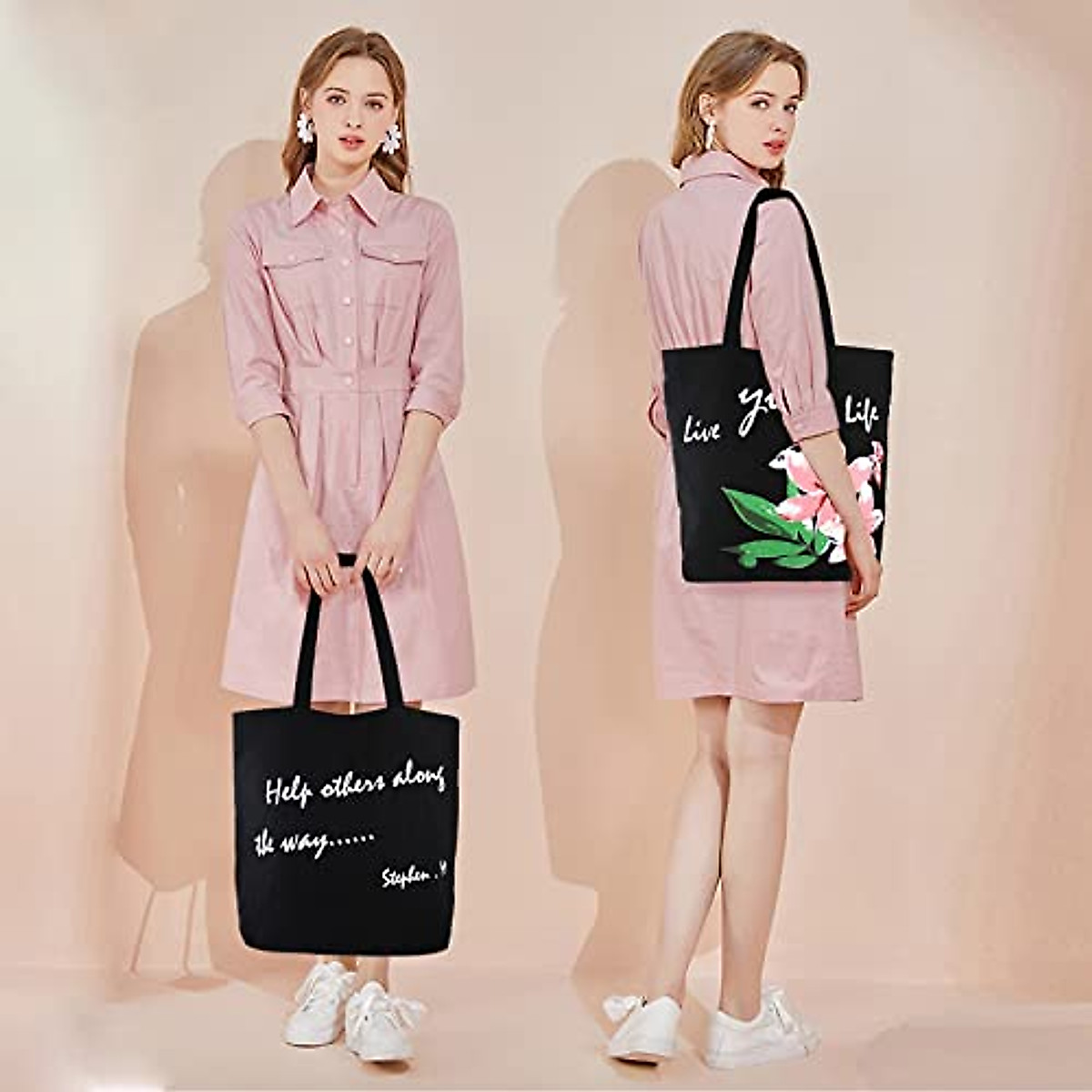 MEL JUN Canvas Tote Bag for Women, Light Beach Bags Gym Tote Reusable Grocery Bag Reading Totes Weekend Church Bag Black Floral Tote Bags with Pink Flower
